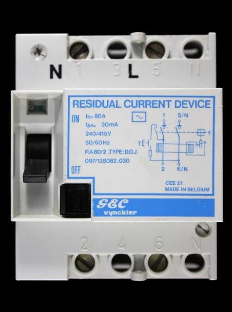 GEC VYNCKIER 80 AMP 30mA DOUBLE POLE RCD TYPE AC RA80/2 DOJ 097/138082 ...