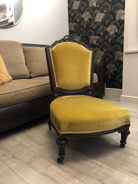 ANTIQUE VICTORIAN EDWARDIAN Low Chair Solid Carved Oak Yellow Velvet ...