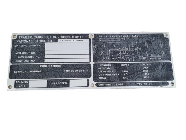 US ARMY M105A2 Humvee Trailer Cargo 2 Wheel Data Plate Sign USMC ...