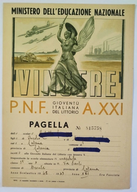 BP110 PAGELLA FASCISTA opera balilla regno d'italia bronte catania 1943 ...