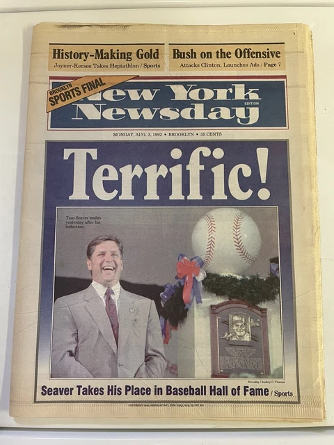 NEW YORK NEWSDAY, Tom Seaver, Hall Of Fame, 8/3/1992. Tom Terrific ...