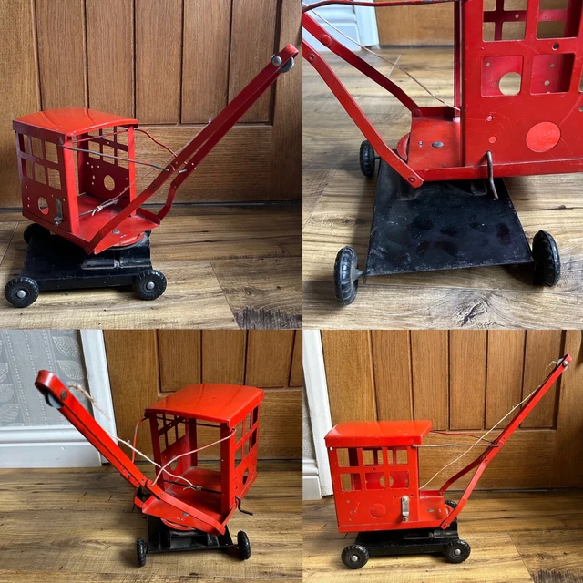TRIANG 1940S red metal crane, large size 15"x18" approx, on wheels ...