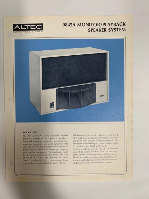 ORIGINAL VINTAGE ALTEC 9845A Monitor/Playback Speaker System Spec Sheet ...