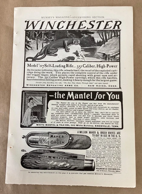 WINCHESTER RIFLE PRINT ad 1907 orig vintage 1900s gun decor illus art ...