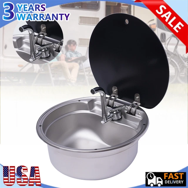 RV CARAVAN CAMPER Sink Stainless Steel Hand Wash Basin Sink w/Glass Lid ...