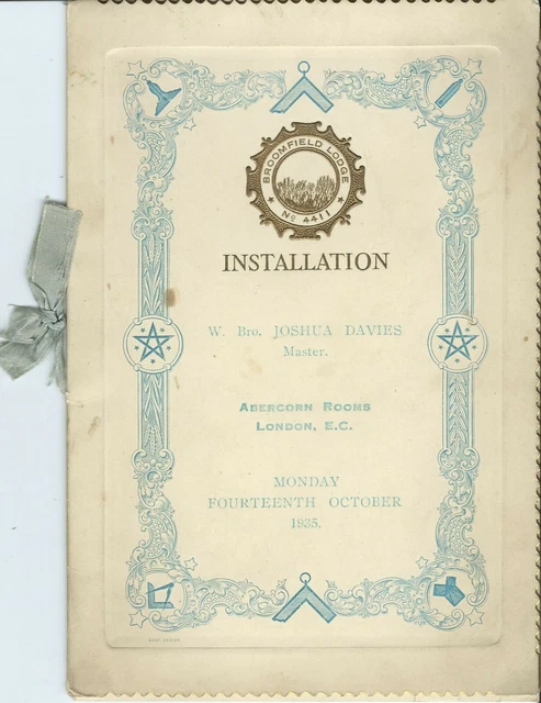 MASONIC, MENU AND Programme, Broomfield Lodge, Installation Of J ...