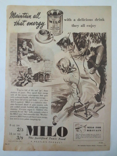 VINTAGE AUSTRALIAN ADVERTISING 1947 ad NESTLE'S MILO TONIC FOOD DRINK ...