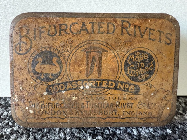 OLD VINTAGE BIFURCATED rivets tin with original rivets & clincher £4.36 ...