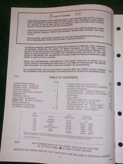 1991 EVINRUDE JOHNSON Outboard Parts Catalog Manual 88 90 100 115 HP ...