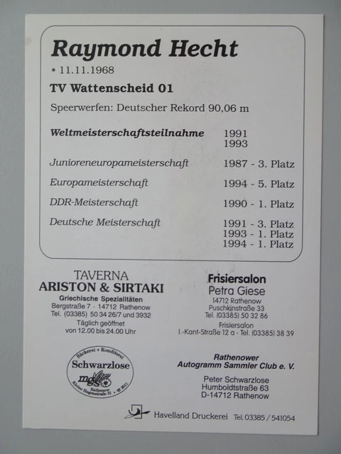 RAYMOND HECHT AUTOGRAMM | Leichtathletik Speerwerfen, Dt. Meister EUR 6 ...