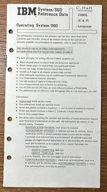 VINTAGE 1960S IBM Operating System 360 Reference Data COBOL Language ...