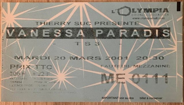 VANESSA PARADIS - Ticket concert n° ME 0111 - Olympia Paris - Mardi 20 ...