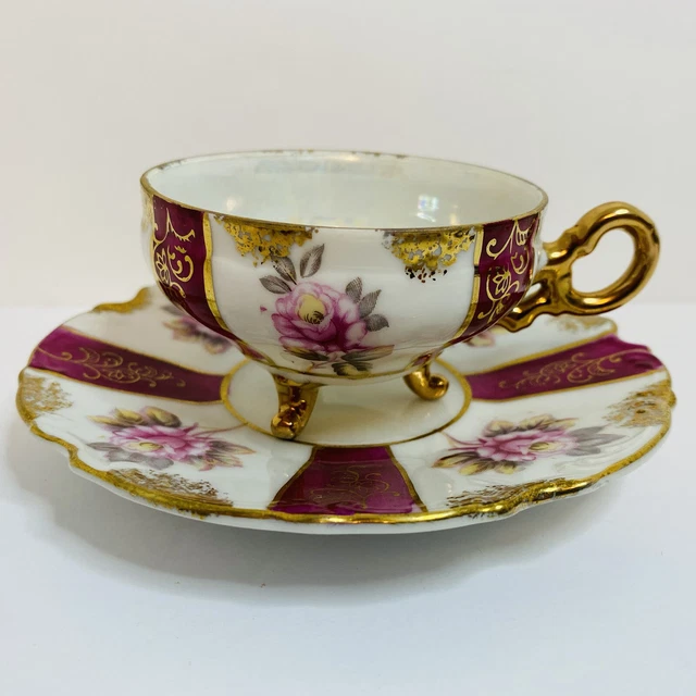 TEA CUP AND Saucer Pink Roses Wine Panels Gold Trim Footed Shafford ...