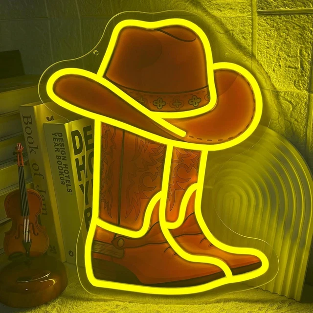 VIBRANT WESTERN COWBOY Boot and Hat LED Neon Sign, Dimmable USB Light £ ...