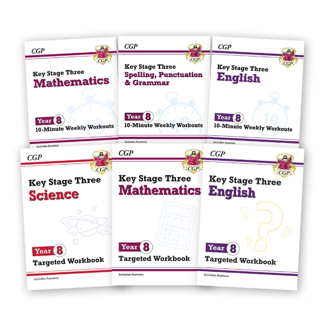 YEAR 8 MATHS, English & Science, 6 Workbook Bundle for ages 12-13 KS3 ...