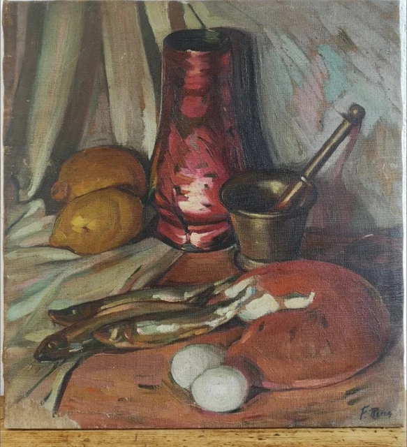 TABLEAU ANCIEN HUILE sur toile Nature Morte Bouquet de fruits poisson XXéme EUR 250,00 - PicClick FR