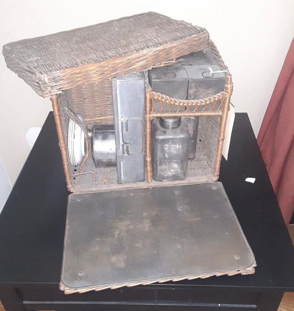 ANTIQUE VICTORIAN TOLE Wicker Tea Caddy Motor Car Picnic Traveling ...