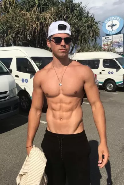 Shirtless Male Muscular Beefcake Swimmers Build Jock Dude Park Photo