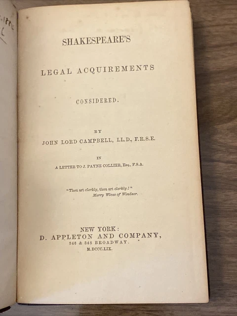 1859 WILLIAM SHAKESPEARE'S Legal Acquirements John Lord Campbell D ...
