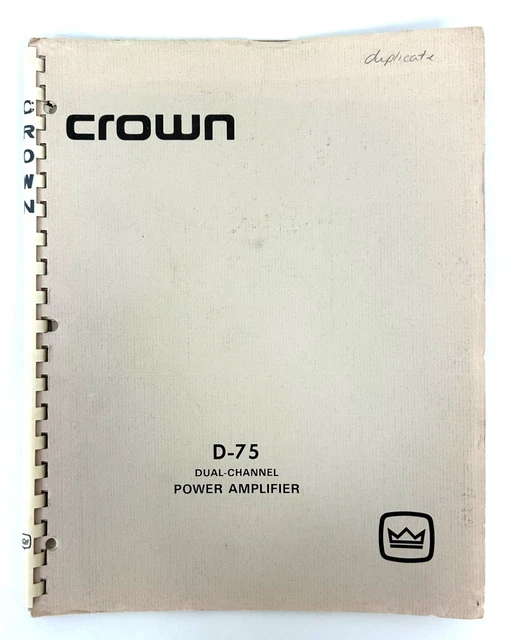 CROWN D-75 DUAL Channel Power Amplifier Original Instruction Manual £19 ...