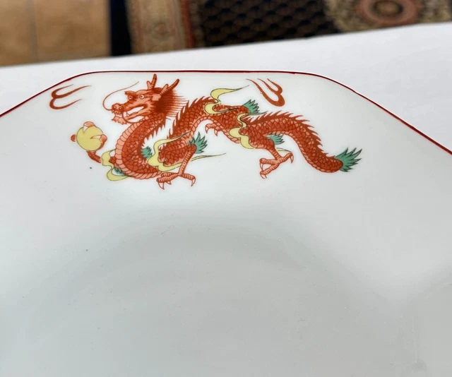 VINTAGE CHINESE RED Dragon & Phoenix Bird Octagon plates Dish Set Of 4 ...