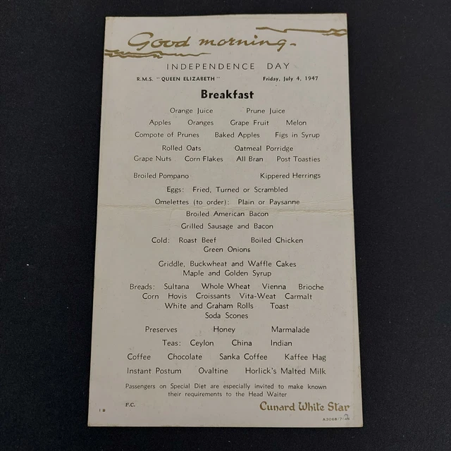 RMS QUEEN ELIZABETH Breakfast Menu Indepence Day 1947 Cunard White Star ...