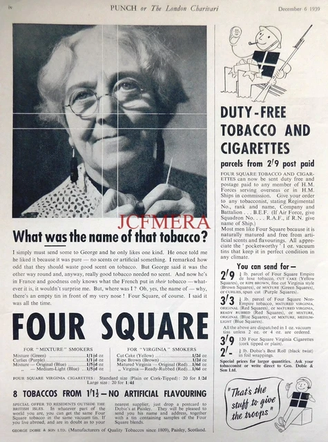 'FOUR SQUARE' PIPE Tobacco & Cigarettes ADVERT Vintage 1939 Print Ad ...
