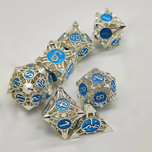 D4-D20 SET DI dadi poliedrici cavi metallo - blu argento - per gioco di ...
