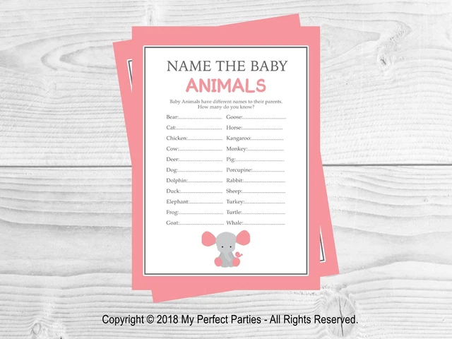 BABY SHOWER GAME, Name the Baby Animals, Pink Elephant, Baby Girl, Pink ...
