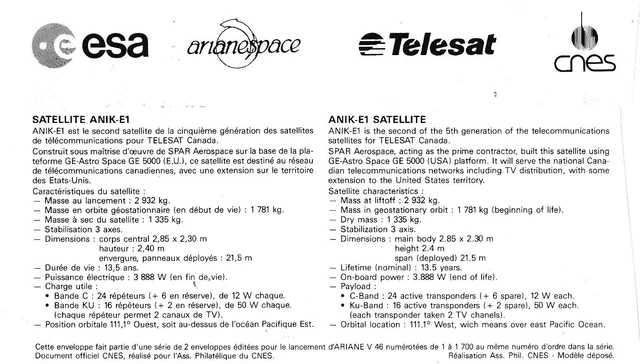 CNES 1991 FUSÉE Ariane V 46 Satellite ANIK-E1 EUR 5,00 - PicClick FR