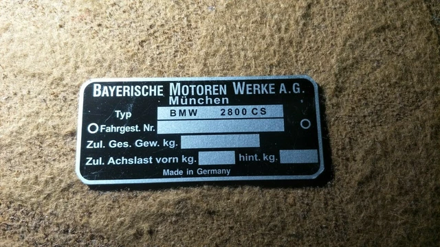 TYPENSCHILD BMW 2800 CS Plaque d'immatriculation Schild E9 coupé E 9 ...