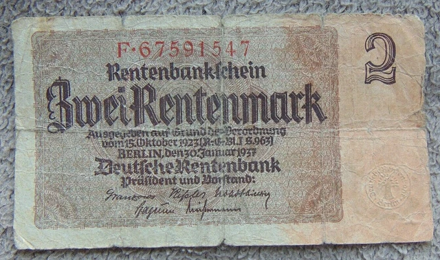 GELDSCHEINE, BANKNOTEN, EIN Rentenbankschein über Zwei Rentenmark, 1937 ...