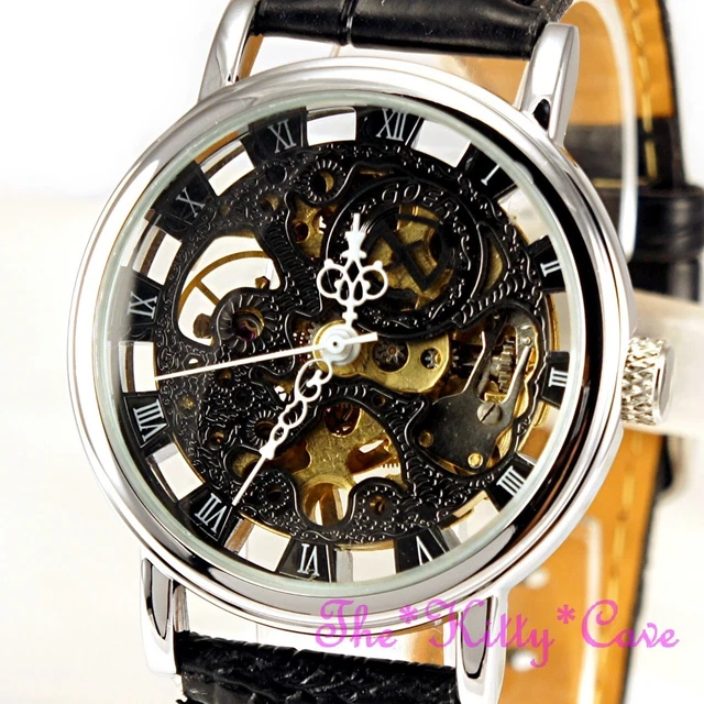 SILVER MECHANICAL SEE-THRU Skeleton Steampunk Black Leather Wind-Up ...