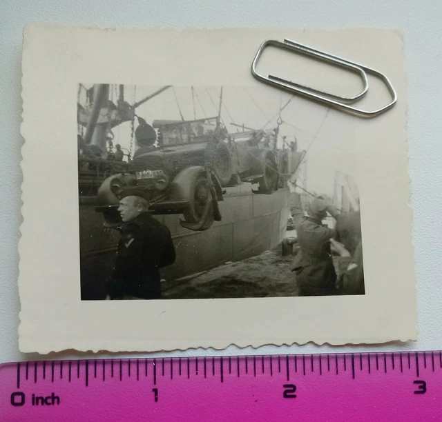 046 WW2 ORIG. Photo German Soldiers Loading Car onto Ship Text 2.5 x 3 ...