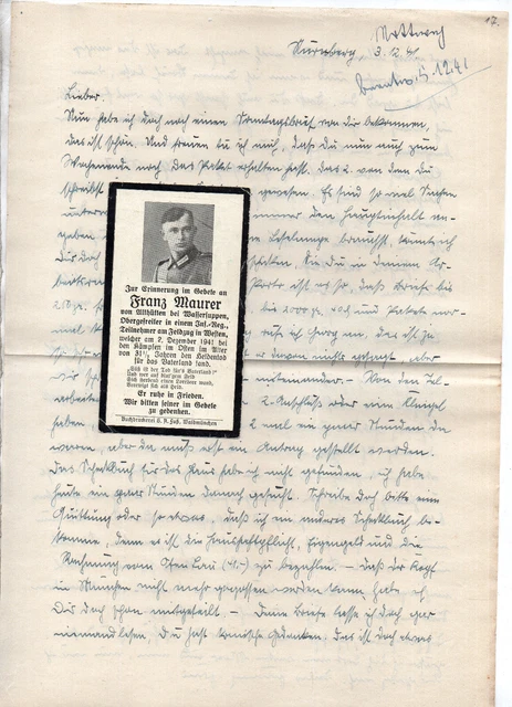 VINTAGE GERMAN WW2 letter+soldiers death card dated dated 2/3 dec 1941 ...