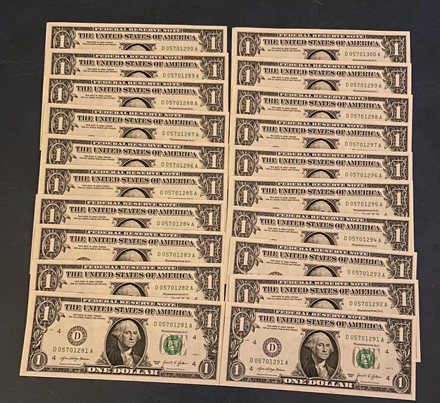 NEW UNCIRCULATED ONE Dollar Bills Series 2021 $1 Sequential Bank Notes ...