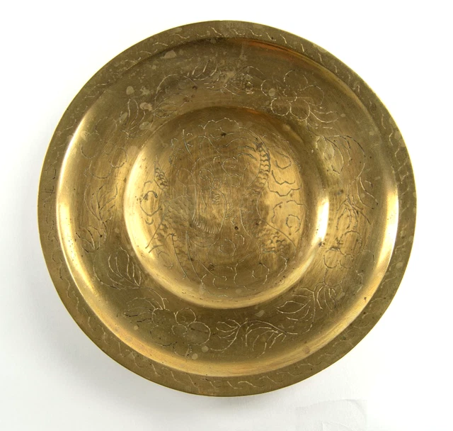 VINTAGE ANTIQUE BRASS Chinese Footed Plate Hand Engraved China 9.5 ...