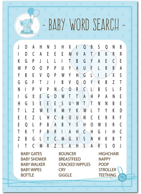 12 X BABY Shower Games WORD SEARCH Boys Blue Elephant party favours £2. ...