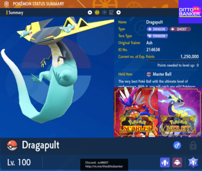 POKEMON SCARLET/VIOLET SHINY DRAGAPULT Lv.100 Modest 6IV w/Masterball ...