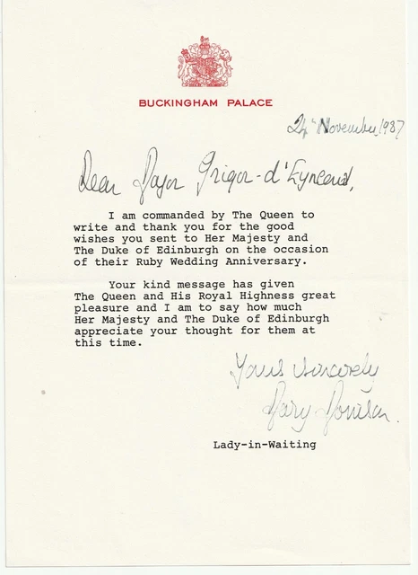 QUEEN ELIZABETH II Signed Letter - British Royal Family 1985 - Ruby ...