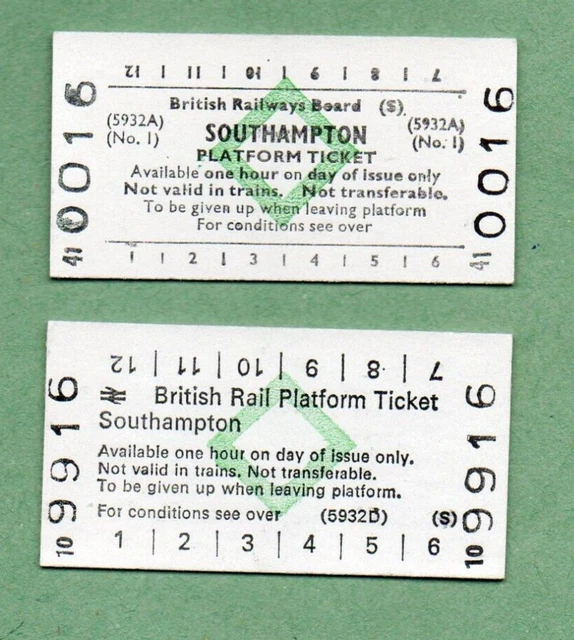 2 X SOUTHAMPTON railway platform tickets. Green diamond. Ed card. Diff ...
