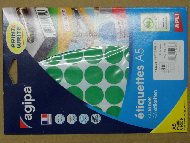 AGIPA 114321 ~ 400 étiquettes adhésives rondes vertes Ø 24mm (40 par ...