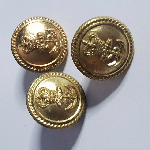 1952- QUEENS CROWN Royal Navy 3 buttons rope edge 19mm gilt brass ...