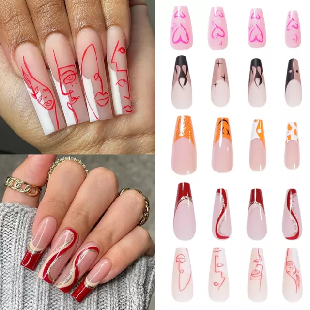 24pcs French Heart False Nails Long Cercueil Full Cover Artificiel Nail