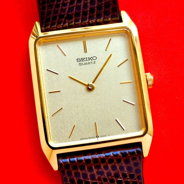 SEIKO TANK WATCH Vintage With Brown Leather Band 5Y00-5009 Mens Classic ...