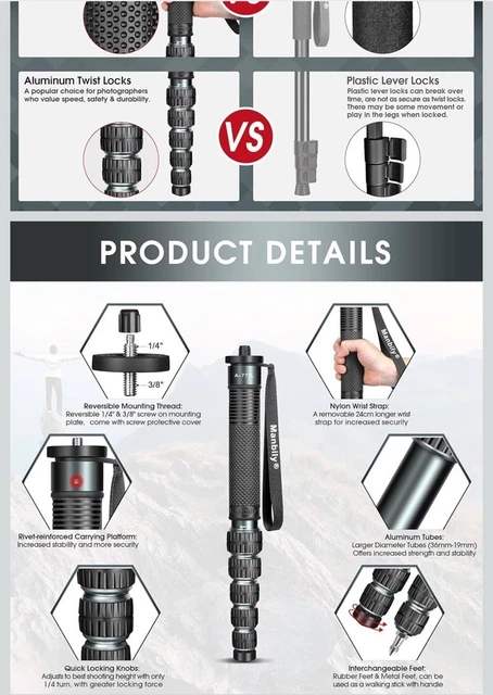 69-INCH MONOPODS FOR Cameras 36mm Tube Aluminum Camera Monopod ...