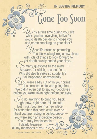 GRAVE CARD IN LOVING MEMORY GONE TOO SOON Memorial Verse Sentimental ...
