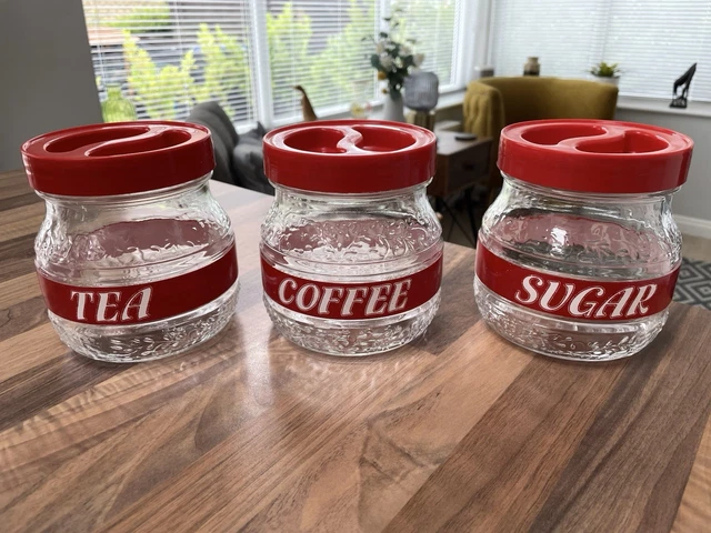 VINTAGE RETRO 80S Italian Tea Coffee Sugar Jar Set Covetro Glass Red ...