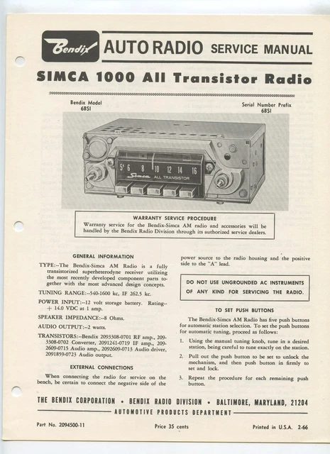 AUTORADIO SERVICE MANUAL 1966 Simca 1000 All Transistor Radio Bendix ...