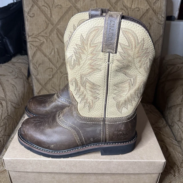 JUSTIN BOOTS BROWN Waxy Leather Work Boots 11in Stampede Pull-On Men’s ...